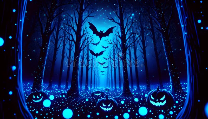 Ultraviolet Light Art with Blue Glowing Dots Forest and Halloween ...
