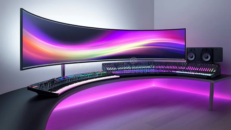 Ultrawide Curved Monitor and Audio Setup in a Modern Studio Stock Photo ...