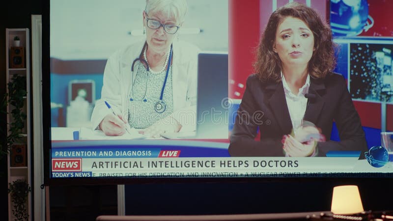 Ultrawide Television Screen Showing VOD News Program Broadcasting Stock ...