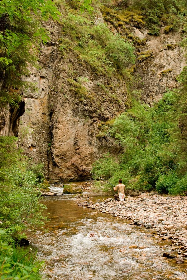 Uma pesca do homem no rio imagem de stock. Imagem de equipamento - 9206667