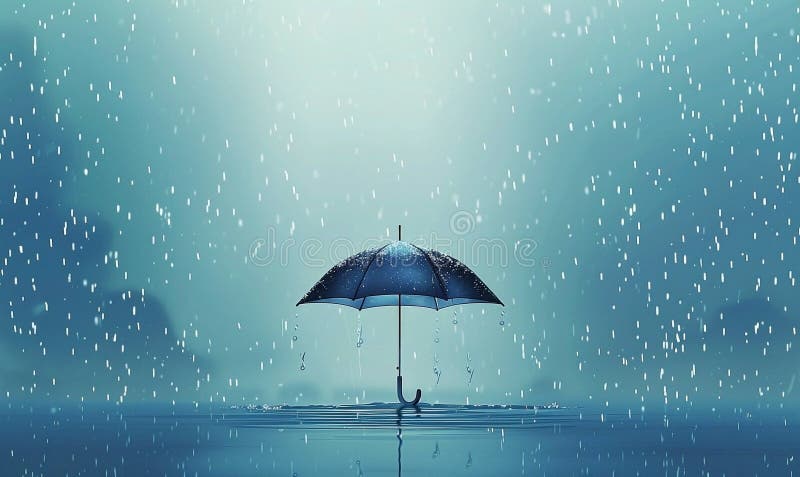 Umbrella Illustration in the Rain with Light Blue Background and Copy ...