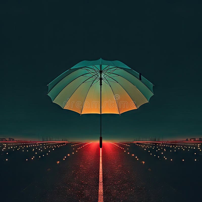An Umbrella in the Middle of the Road at Night Stock Illustration ...