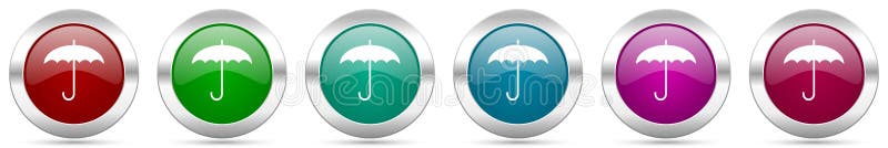 Umbrella Silver Metallic Vector Icon Set, Round Glossy Buttons with ...