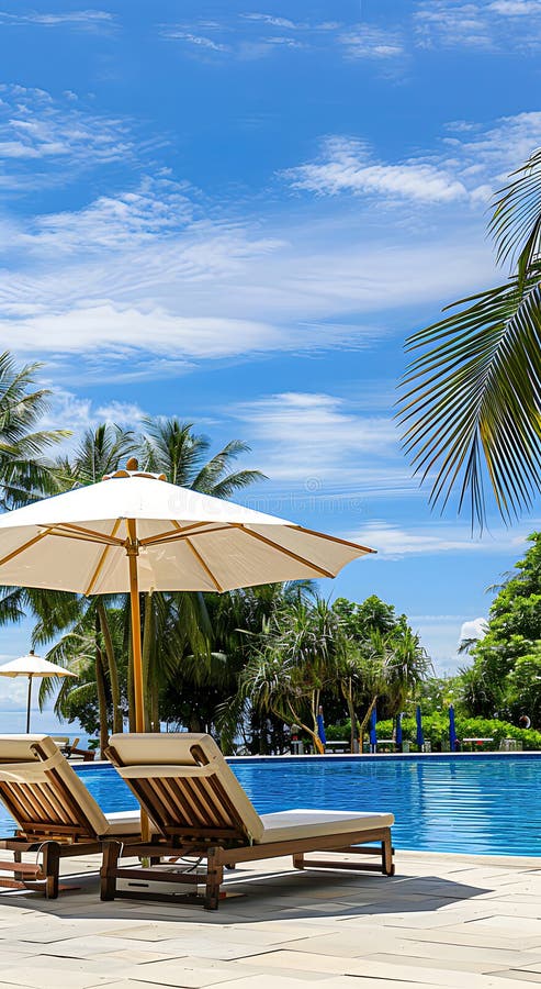 Umbrella and Sun Lounger Around the Outdoor Pool Stock Photo - Image of ...