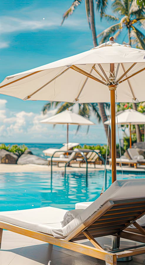 Umbrella and Sun Lounger Around the Outdoor Pool Stock Image - Image of ...