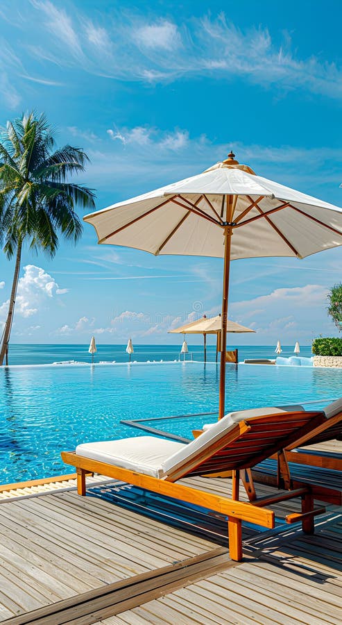 Umbrella and Sun Lounger Around the Outdoor Pool Stock Image - Image of ...