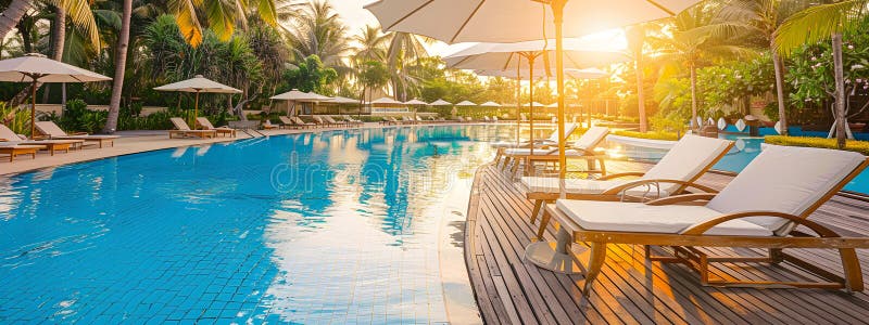 Umbrella and Sun Lounger Around the Outdoor Pool Stock Photo - Image of ...