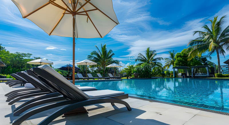 Umbrella and Sun Lounger Around the Outdoor Pool Stock Image - Image of ...