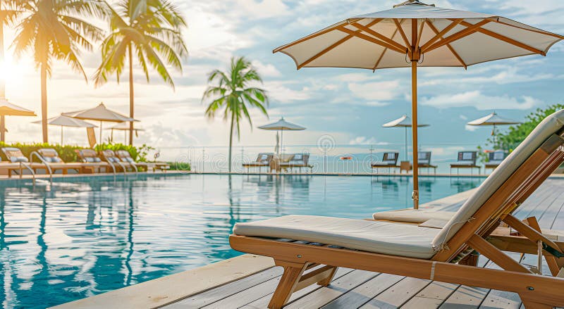 Umbrella and Sun Lounger Around the Outdoor Pool Stock Image - Image of ...