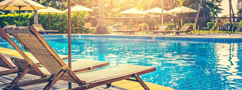 Umbrella and Sun Lounger Around the Outdoor Pool Stock Image - Image of ...