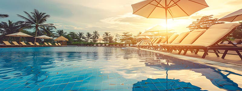 Umbrella and Sun Lounger Around the Outdoor Pool Stock Photo - Image of ...