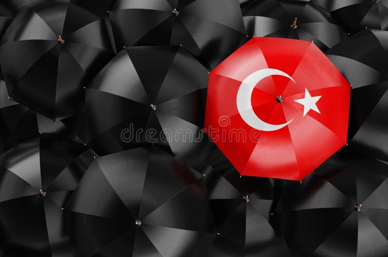 Umbrella with Turkish Flag among Black Umbrellas, 3D Rendering Stock ...