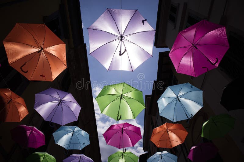 Umbrellas of Different Colors in the Sky Stock Image - Image of cover ...
