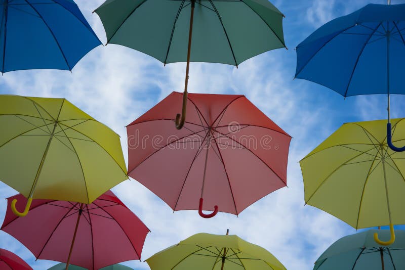 Umbrellas of Different Colors in the Sky Stock Image - Image of cover ...