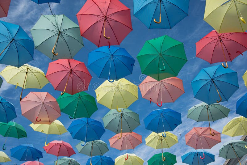 Umbrellas of Different Colors in the Sky Stock Photo - Image of colors ...