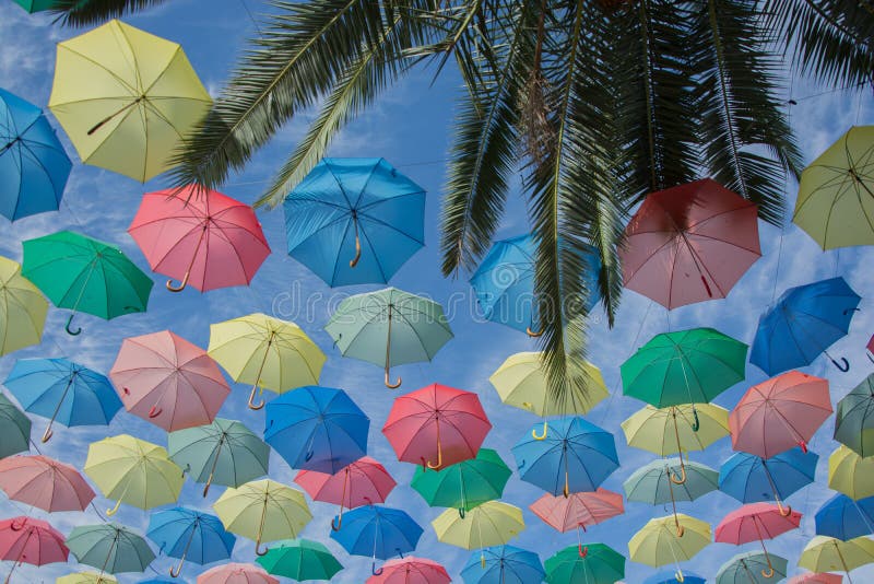 Umbrellas of Different Colors in the Sky Stock Photo - Image of blue ...