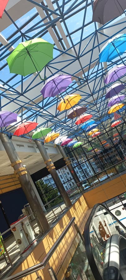 Umbrellas in mall ceiling stock image. Image of design - 255956005