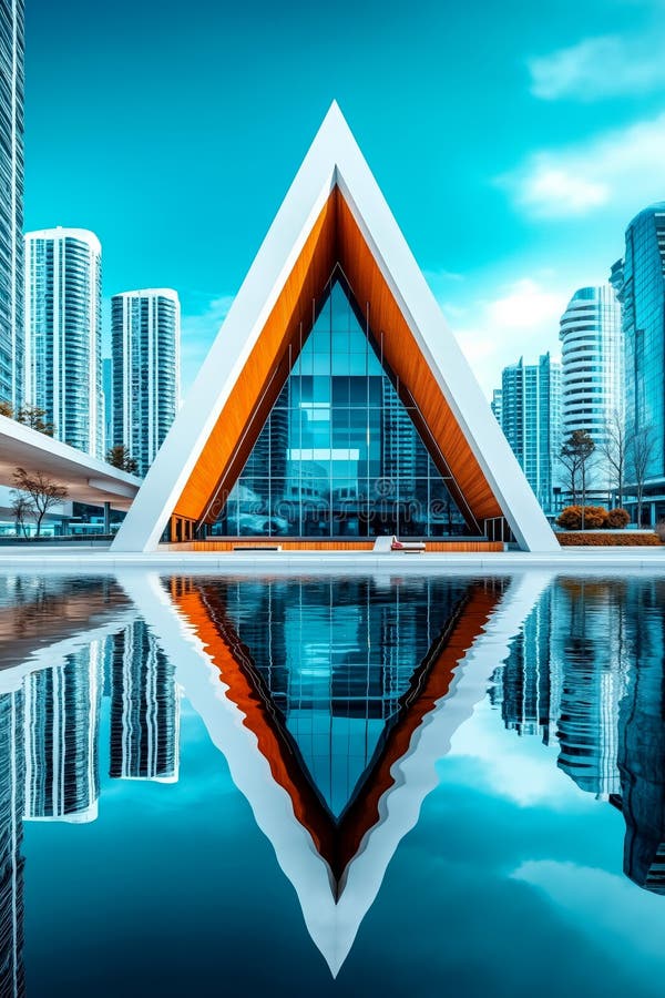 Un Edificio Triangular En Medio De Una Ciudad Con Un Reflejo En El Agua Foto de archivo - Imagen ...