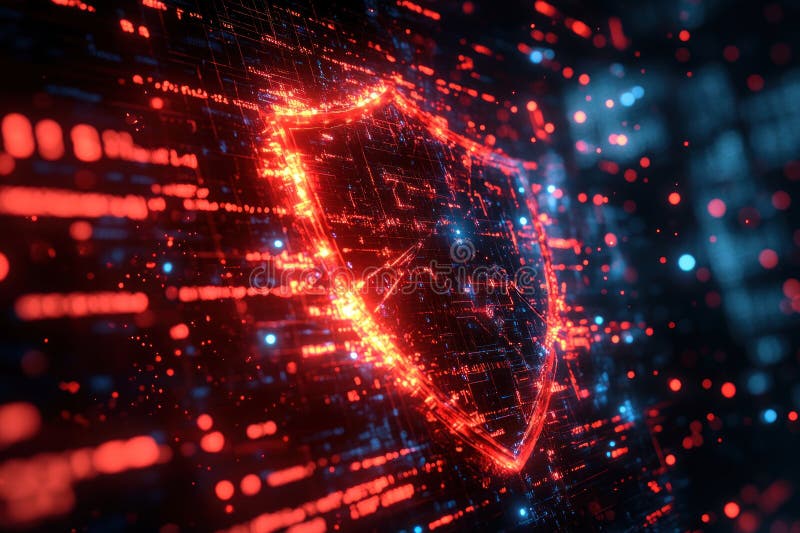 Un Escudo Digital Con Grietas Rojas Brillantes Se Destaca En El ... Un Escudo Digital Con Grietas Rojas Brillantes Se Destaca En El ...