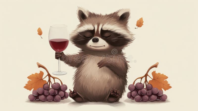 Un Mapache Con Un Vaso De Vino Y Uvas Stock de ilustración ...