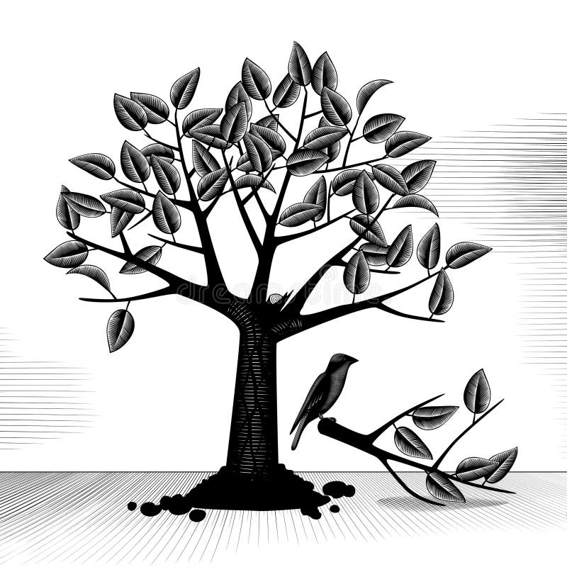 Un Piccolo Albero Con Fogliame E Un Ramo Segato Su Cui Siede Un Uccello Illustrazione Vettoriale