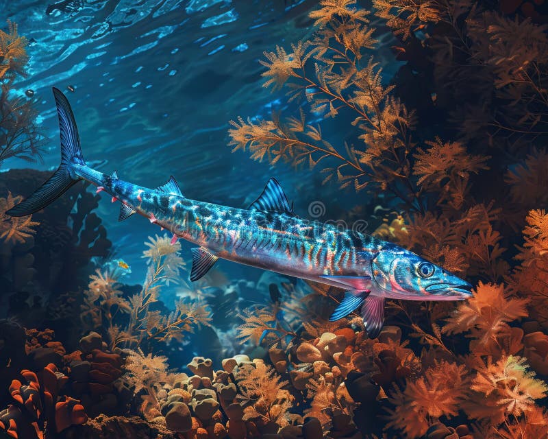 Una Barracuda Con Rayas De Neón Azul Cazar Rápidamente En Un Arrecife ... Una Barracuda Con Rayas De Neón Azul Cazar Rápidamente En Un Arrecife ...
