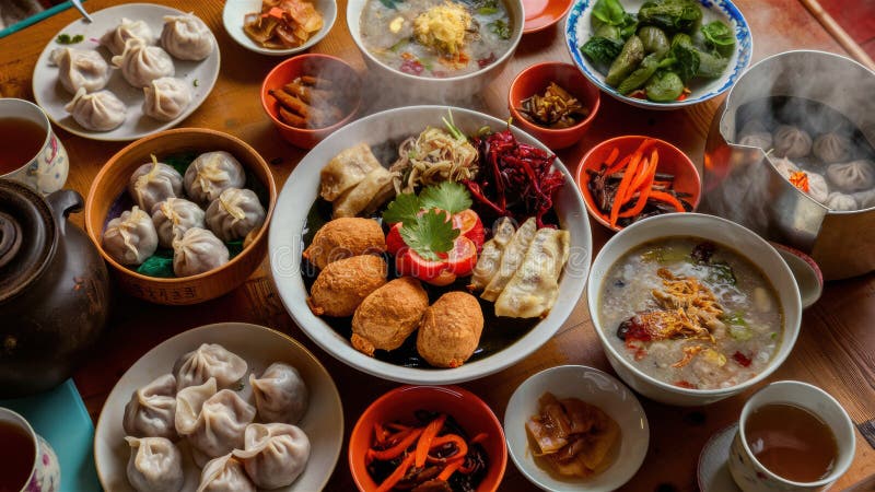 Una Mesa Con Muchos Tipos De Comida Y Bebida Foto de archivo - Imagen ...