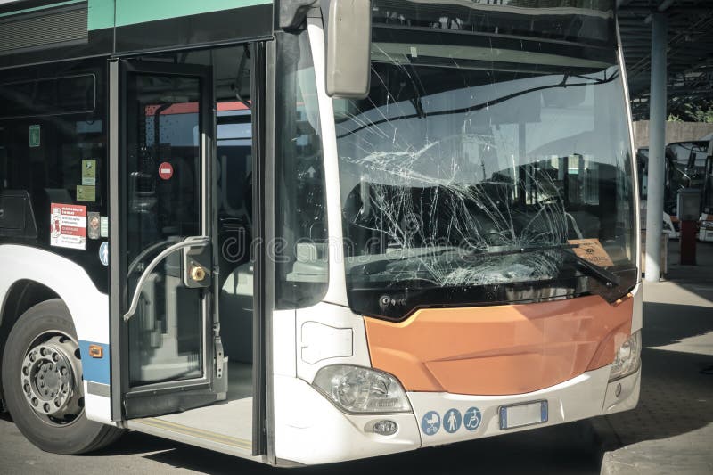Unbreakable Frontal Glass Damaged by Crash in a Public Transport Bus ...