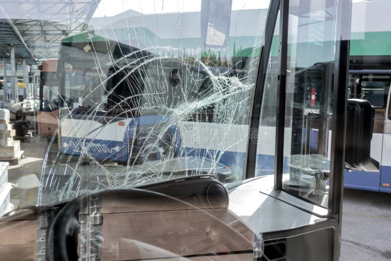 Unbreakable Frontal Glass Damaged by Crash in a Public Transport Bus ...