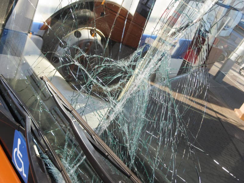 Unbreakable Frontal Glass Damaged by Crash in a Public Transport Stock ...