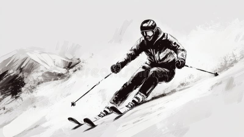 An Unbroken Line Drawing of a Skier Descending a Mountain Slope Stock ...