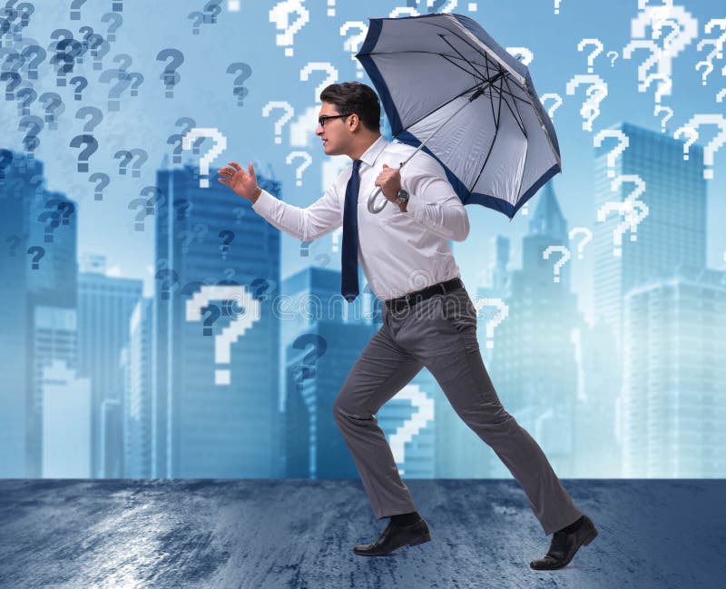 Uncertainty Concept with Businessman and Question Marks Stock Photo ...