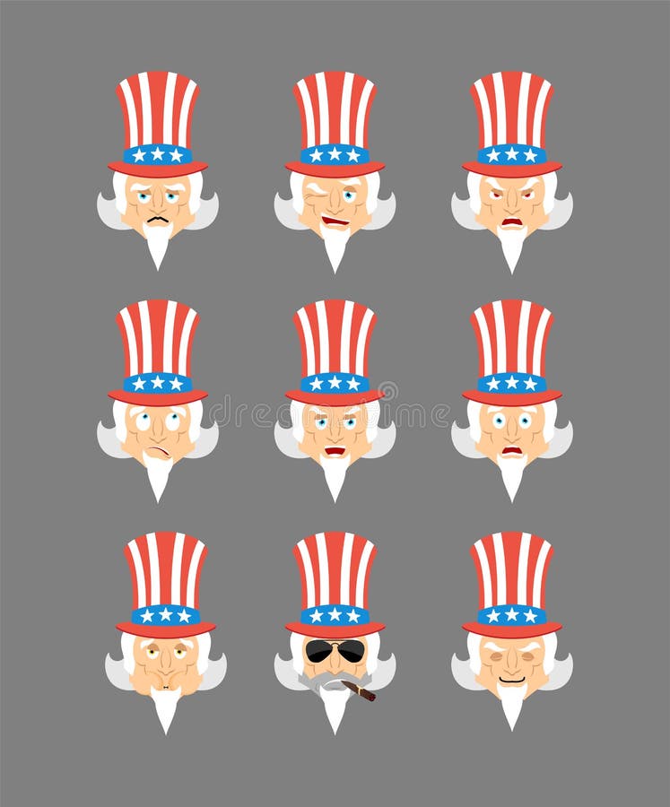 Uncle Sam Set Emoji Avatar. Sad and Angry Face. Guilty and Sleeping ...