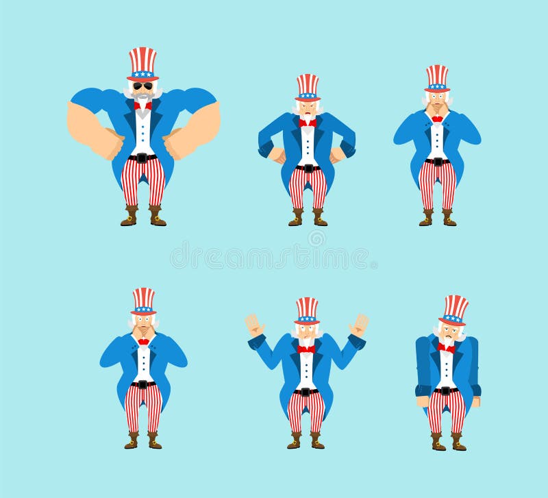 Uncle Sam Set Poses. Man Happy and Strong. Sleeping and Angry Stock ...