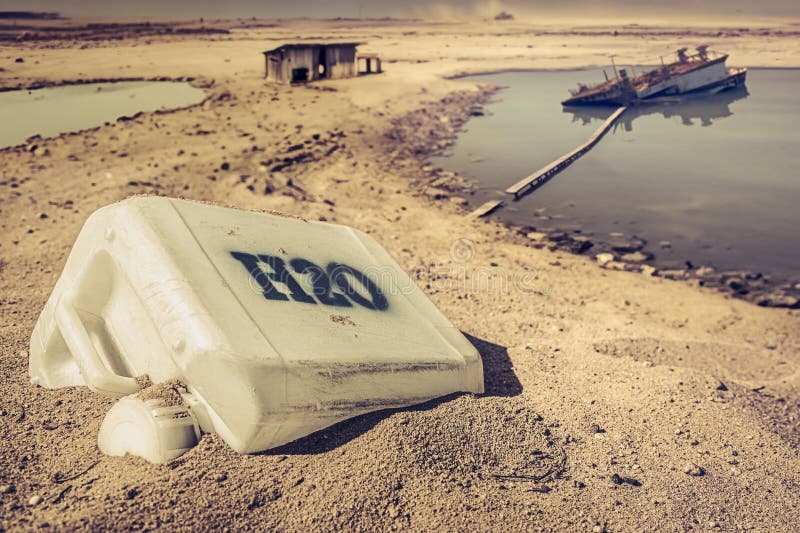 Unclean Water Cans in Desolate and Desert Place Stock Illustration ...