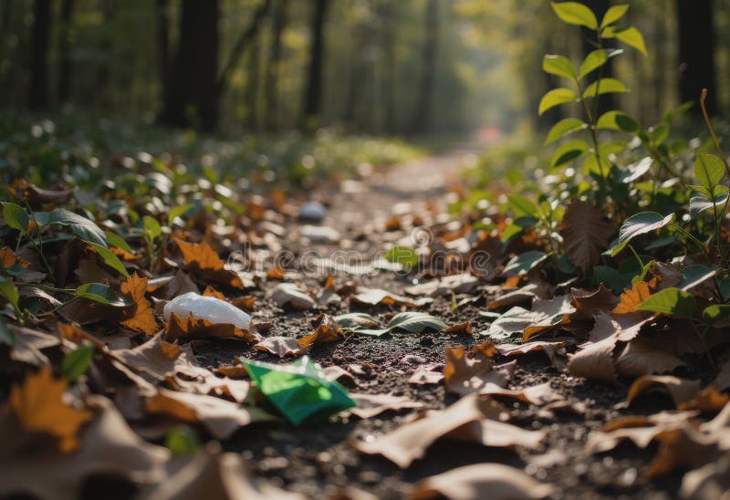 Uncollected Leaves Mixed with Plastic Waste on a Forest Path Stock ...