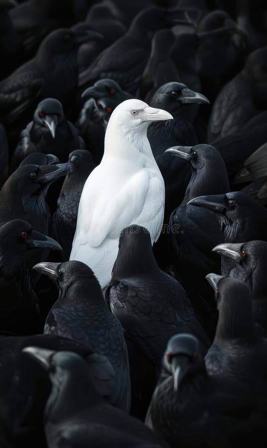 Uncommon Sight - a White Crow in a Flock of Black Crows, Illustrating ...