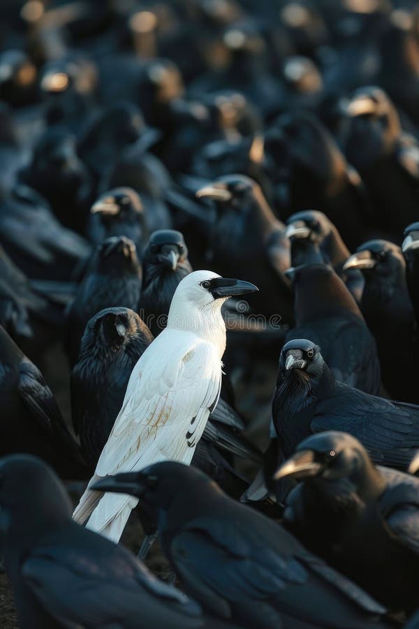 Uncommon Sight - a White Crow in a Flock of Black Crows, Illustrating ...