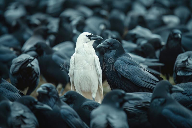 Uncommon Sight - a White Crow in a Flock of Black Crows, Illustrating ...