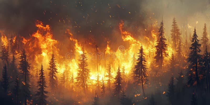 An Uncontrollable Wildfire Sweeping through a Dense Pine Forest, with ...