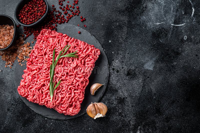 Uncooked Beef Veal Mince Meat, Raw Ground Meat. Black Background. Top ...