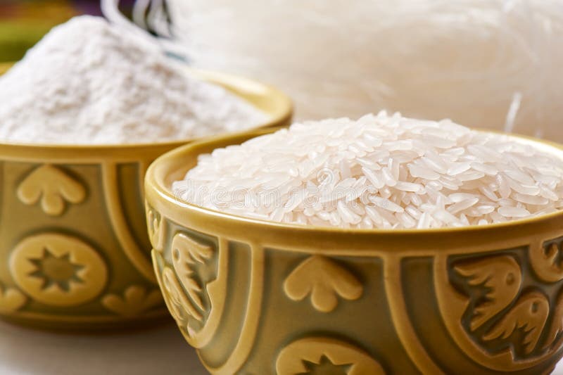 Uncooked Dry Rice and Rice Flour in Ceramic Bowls Stock Image - Image ...