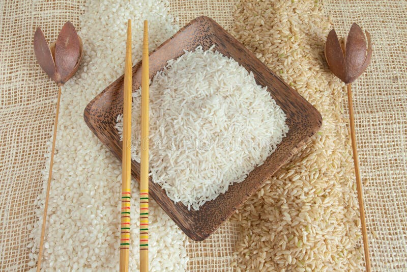 Uncooked Minerbe, Ribe and Basmati Rice in a Wooden Cup Stock Photo ...