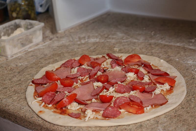 Uncooked Pizza with Different Toppings. Oven Recipe Stock Image - Image ...