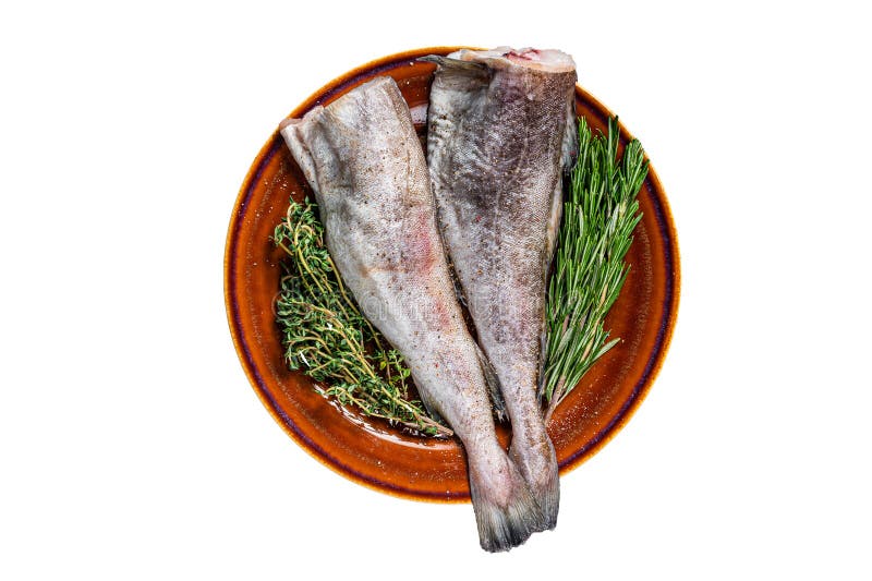Uncooked Raw Cod or Codfish Fish in Rustic Plate with Herbs and Fork ...