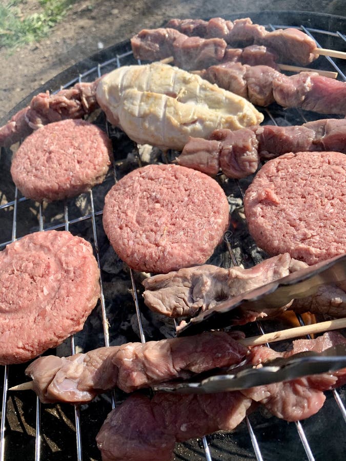 Raw Meat Cooking Over a Bbq Stock Image - Image of meat, summer: 182264003