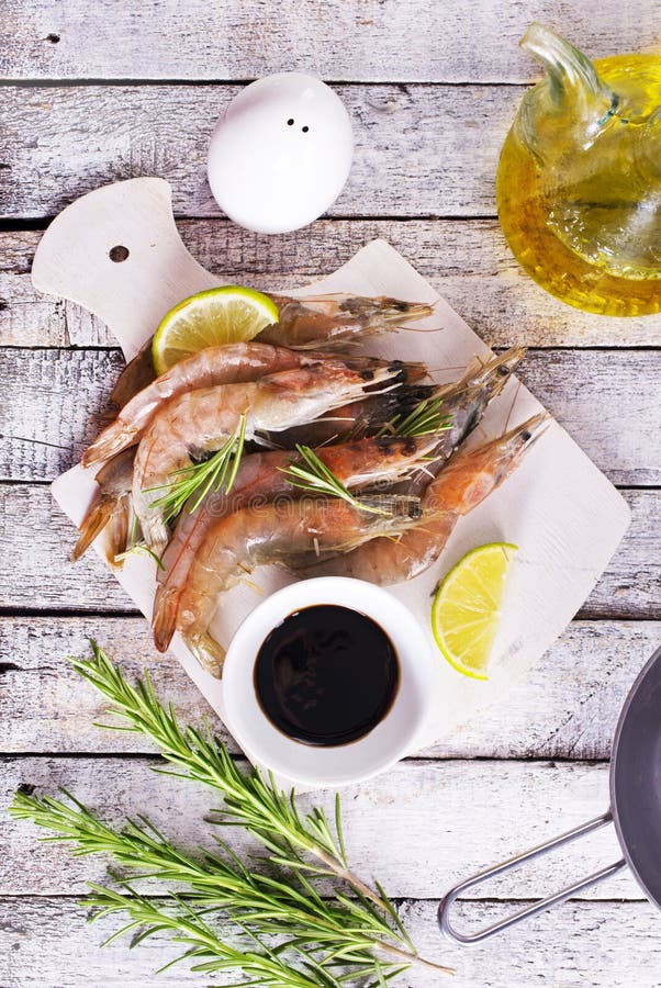 Uncooked Raw Peeled Tiger White Shrimp Prawn. Top View Stock Photo ...