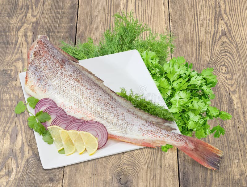 Uncooked Red Cod, Sliced Lemon and Red Onion, Herbs Stock Photo - Image ...