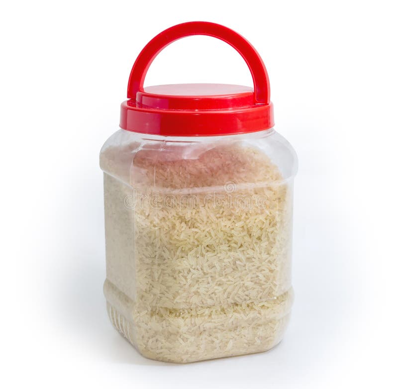 Uncooked Rice In Transparent Plastic Container With Red Lid Stock Photo ...