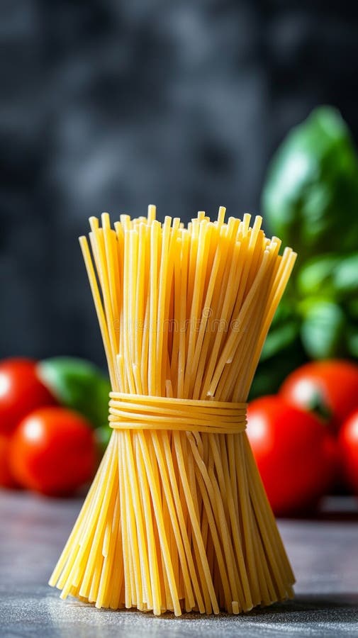 Uncooked Spaghetti Noodles Bundled with Fresh Tomatoes and Basil ...
